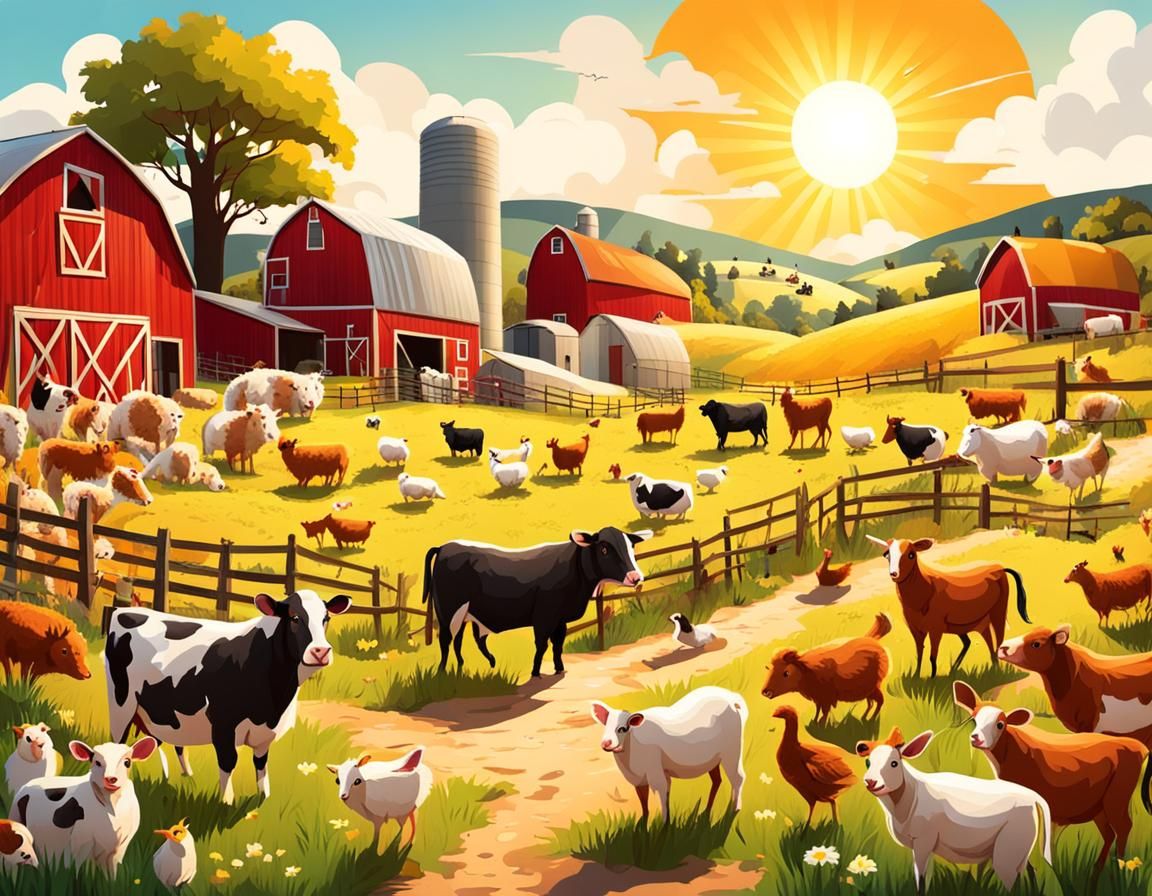 Busy farm life with lots of animals and sun shining - AI Generated ...