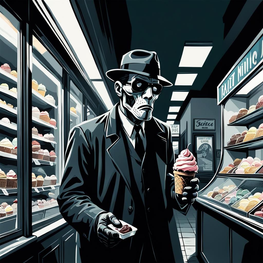 Comic Noir Expressionism bank robber stopping to buy ice cream - AI Generated Artwork ...