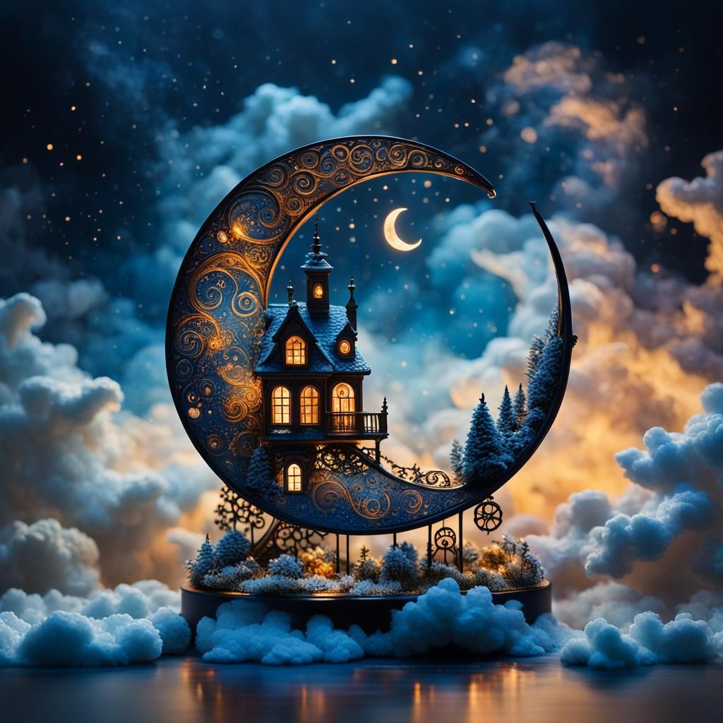 Steampunk moon - Whimsical Steampunk Moonlit Scene with Vibr...