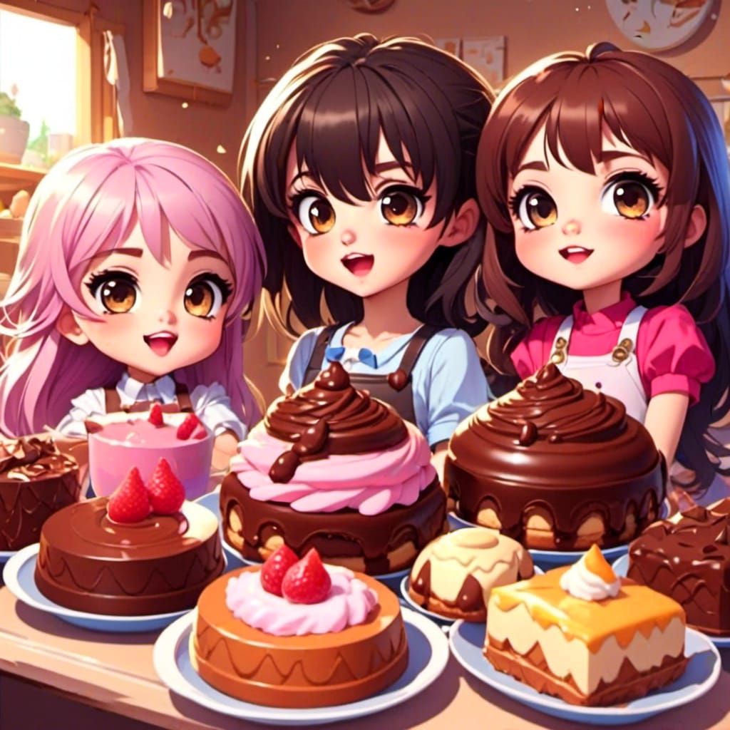 closeup of chocolate cremes hybrid chibi girls, HDR, chibi baked sweets ...
