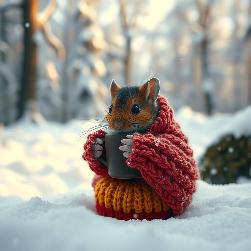 Cozy Field Mouse in Snowy Forest Landscape, in Cin... - AI Art