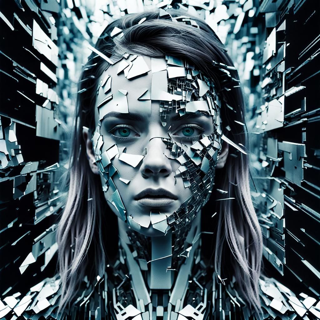 Beautiful woman look in shattered miror and distorted into fragments of ...