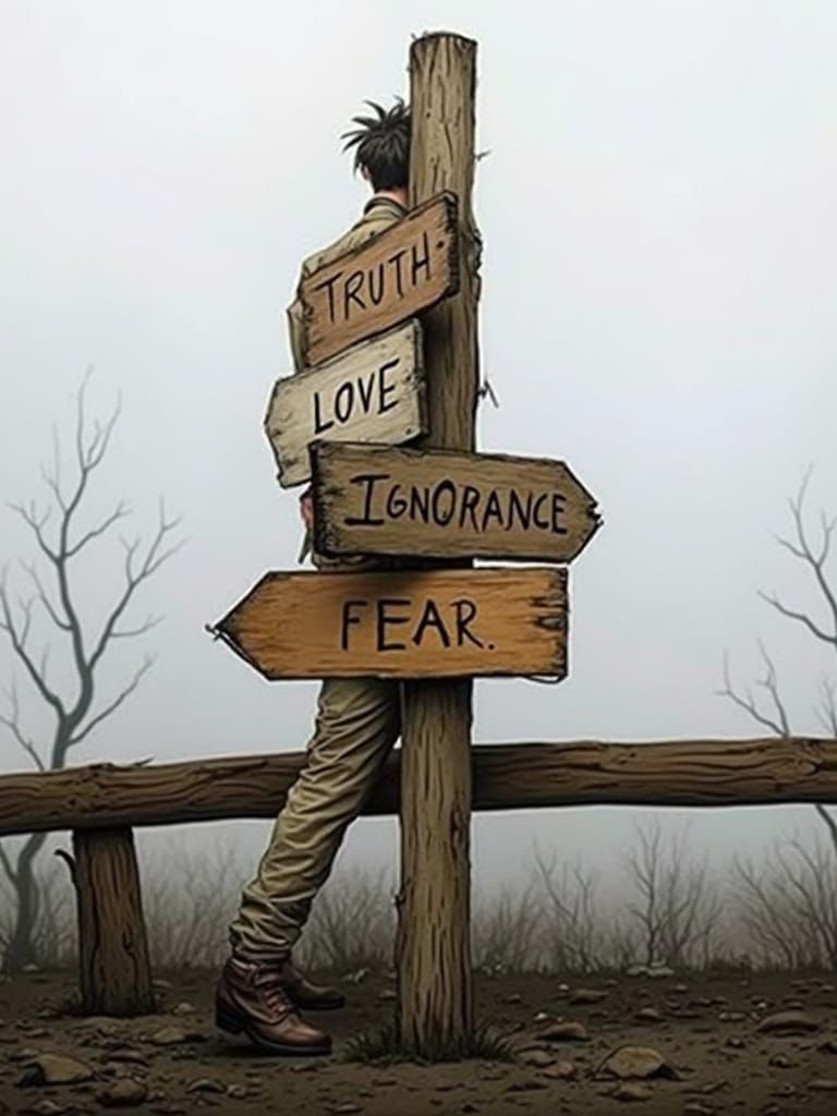 Weary Man Stands at Crossroads of Truth and Decept... - AI Art