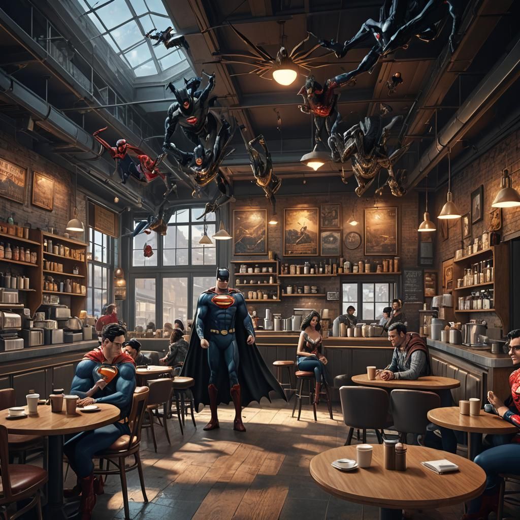 Superheroes at Coffee Shop: Detailed Matte Paintin... - AI Art