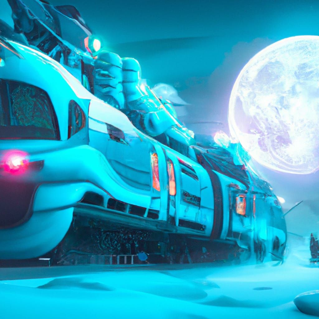 A close up of a futuristic cyberpunk train with smoke traveling at ...