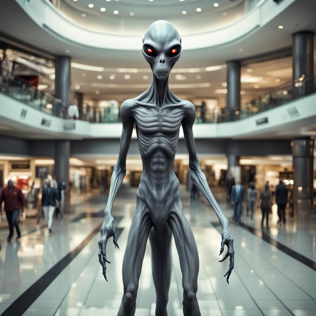 Tall grey alien, scary, humanoid, inside mall, HDR, 1440p, 8k - AI ...