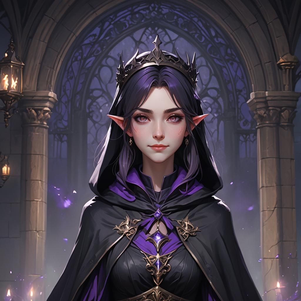 Morgan Le Fay, a black cloak with a dark purple on the inside. She has ...