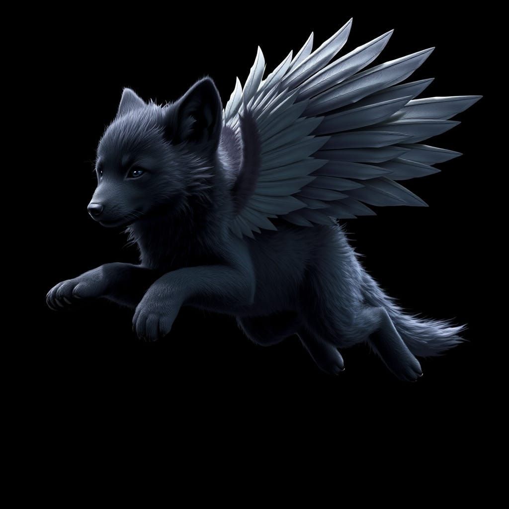 black wolf pup with large wings - Majestic Black Wolf Pup S...
