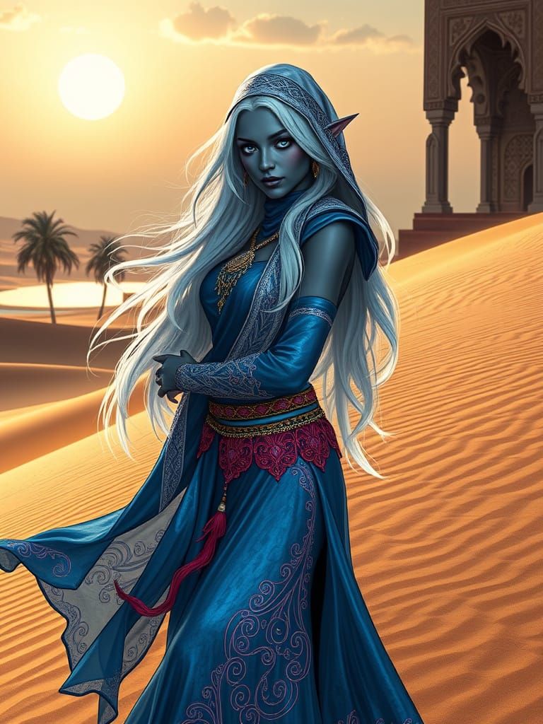 Mysterious Drow Warrior in Arabic-Inspired Regalia - AI Art