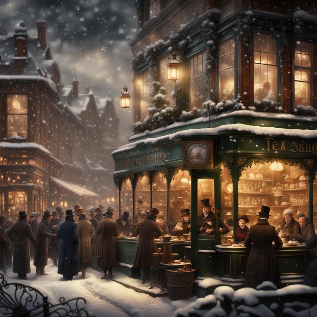 a crowded victorian tea shop during a snowy winter - AI Generated ...