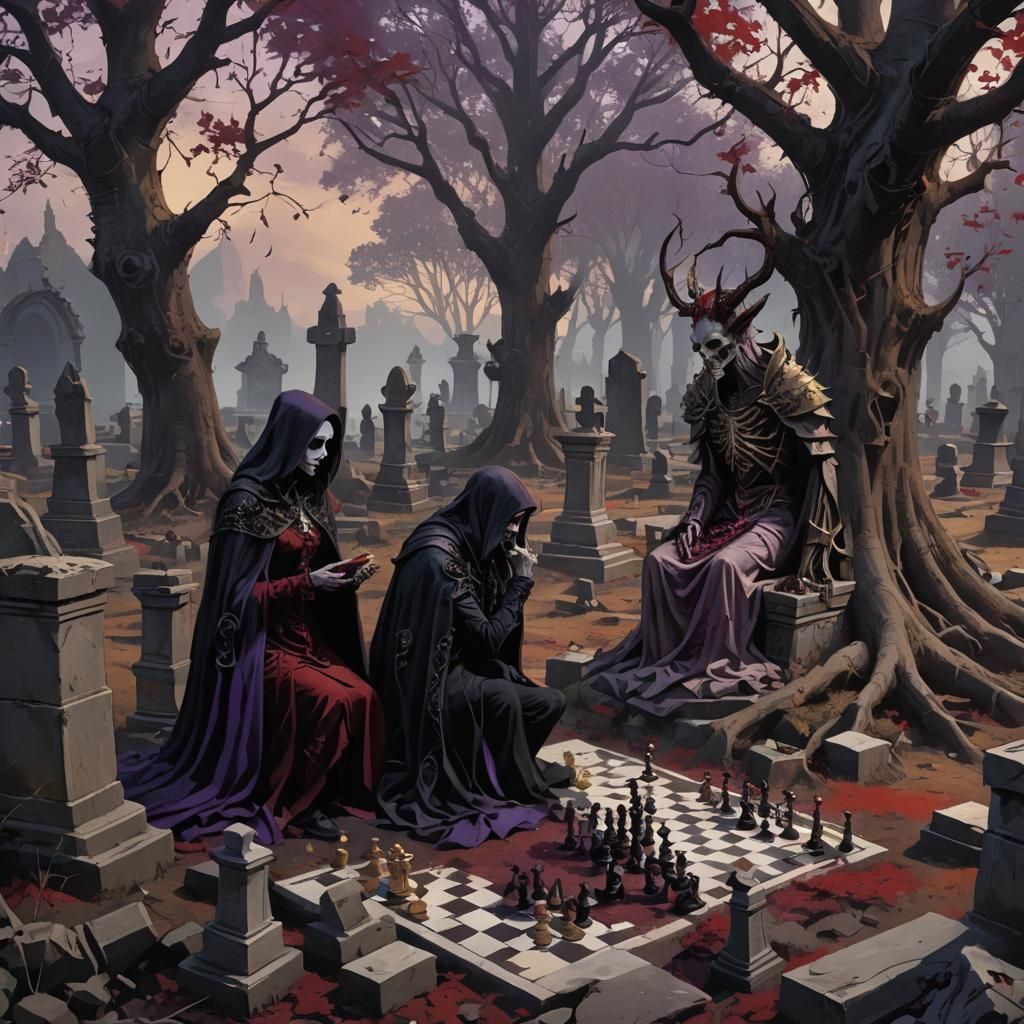 Death and the Devil Play Chess in a Haunting Cemet... - AI Art