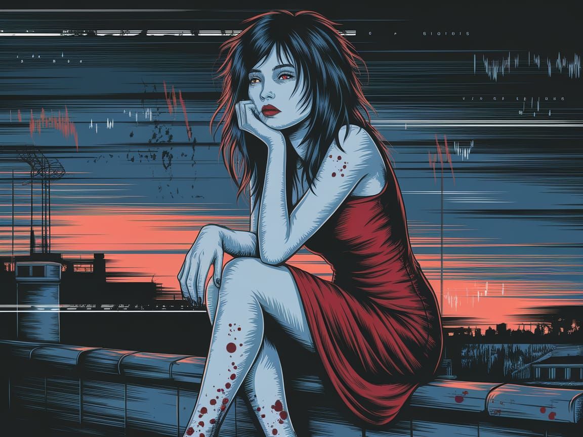 A painting of a female vampire sitting on the edge of a rooftop at ...