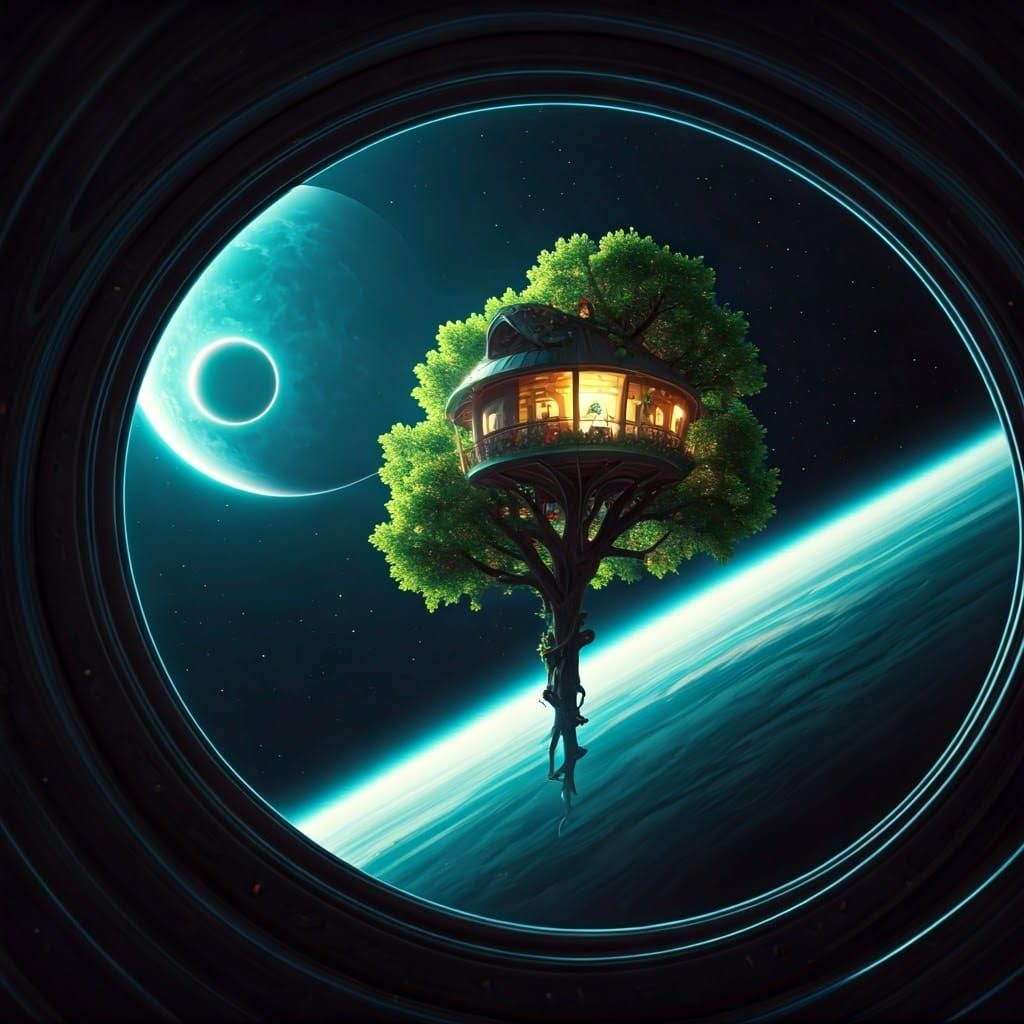 Solarpunk Treehouse in a Spacecraft Drifting Throu... - AI Art