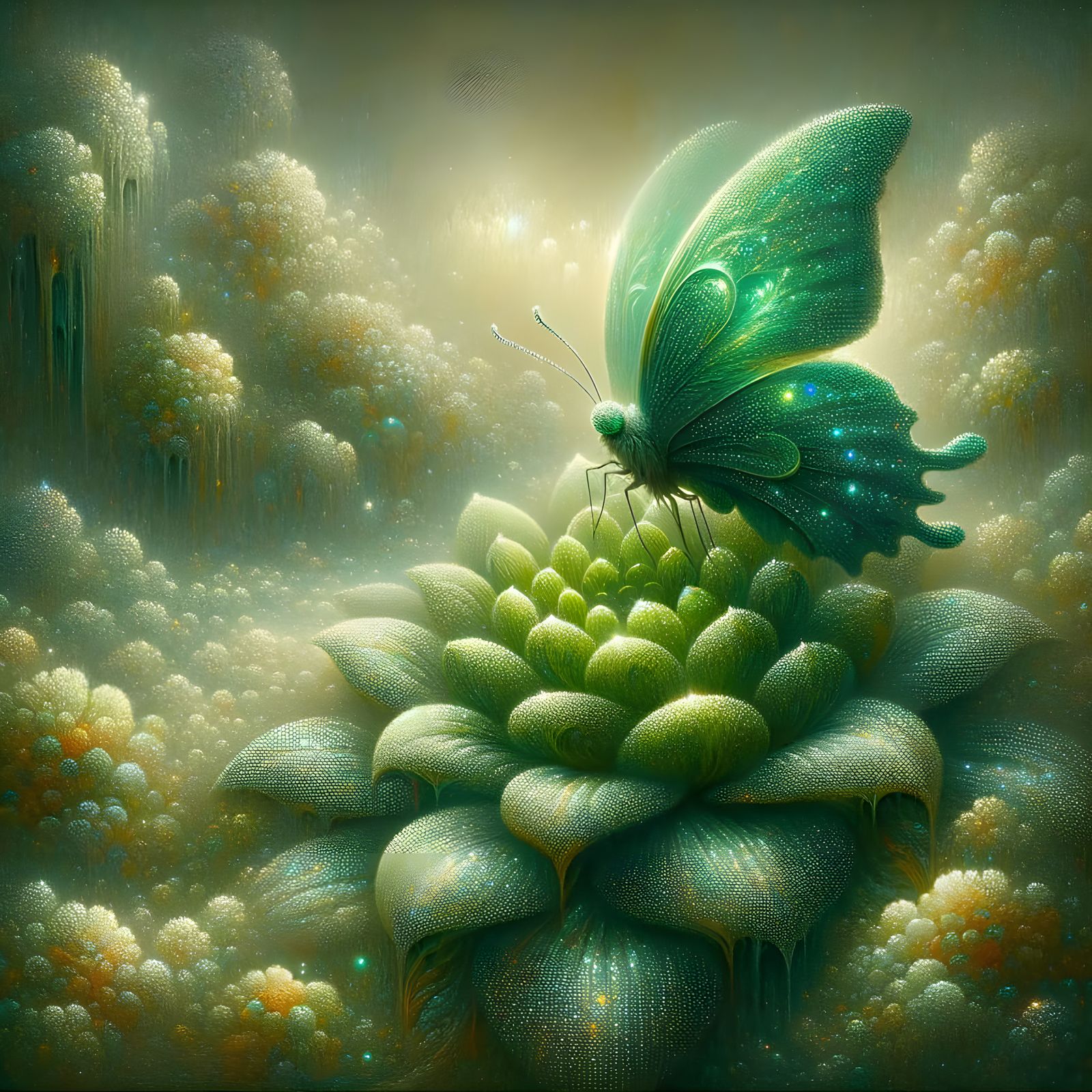 Ethereal Fantasy Butterfly on a Glittering Green B... - AI Art