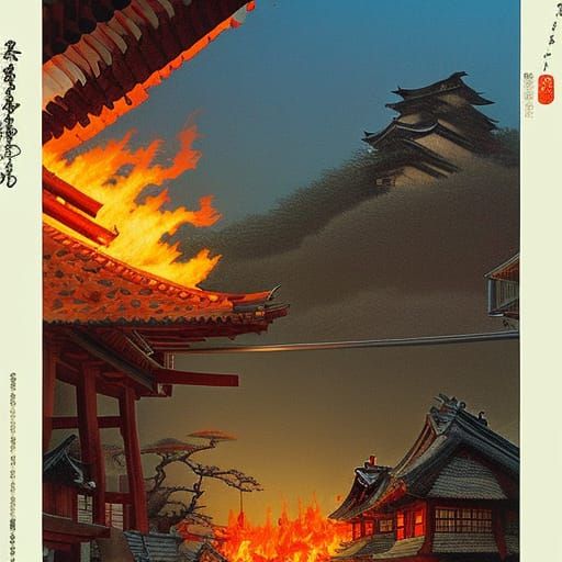 "Japanese village setting on fire with a samurai holding a katana ...