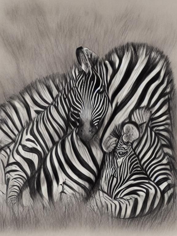 Young zebras hiding in the grass in the Namibian desert ...drawn and ...
