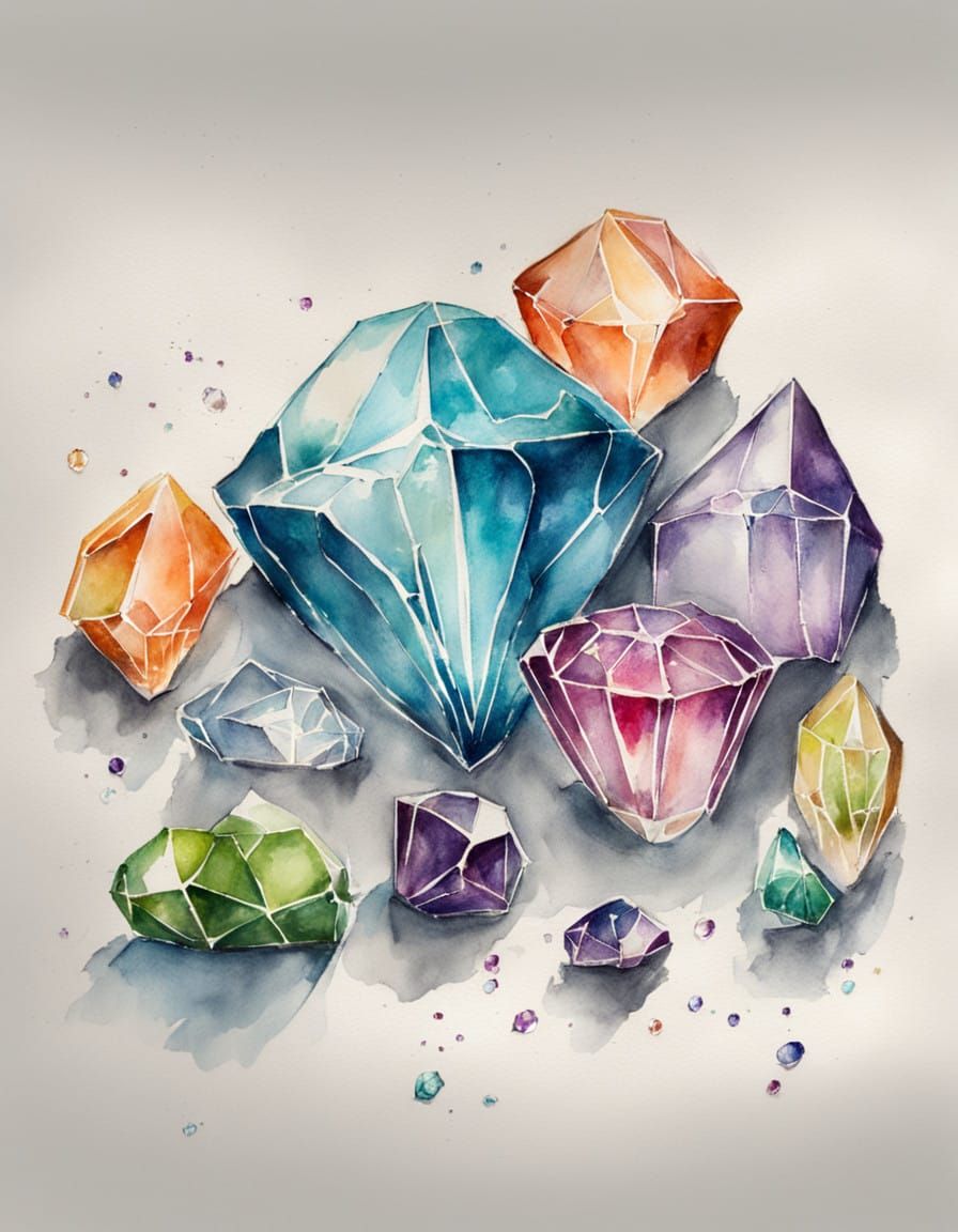 Ethereal Line Art Crystals in Watercolor Style - AI Art