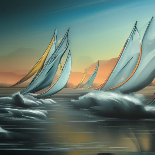 Sailboats facing forward, watercolor abstract, 8K 3D iridescent liminal ...
