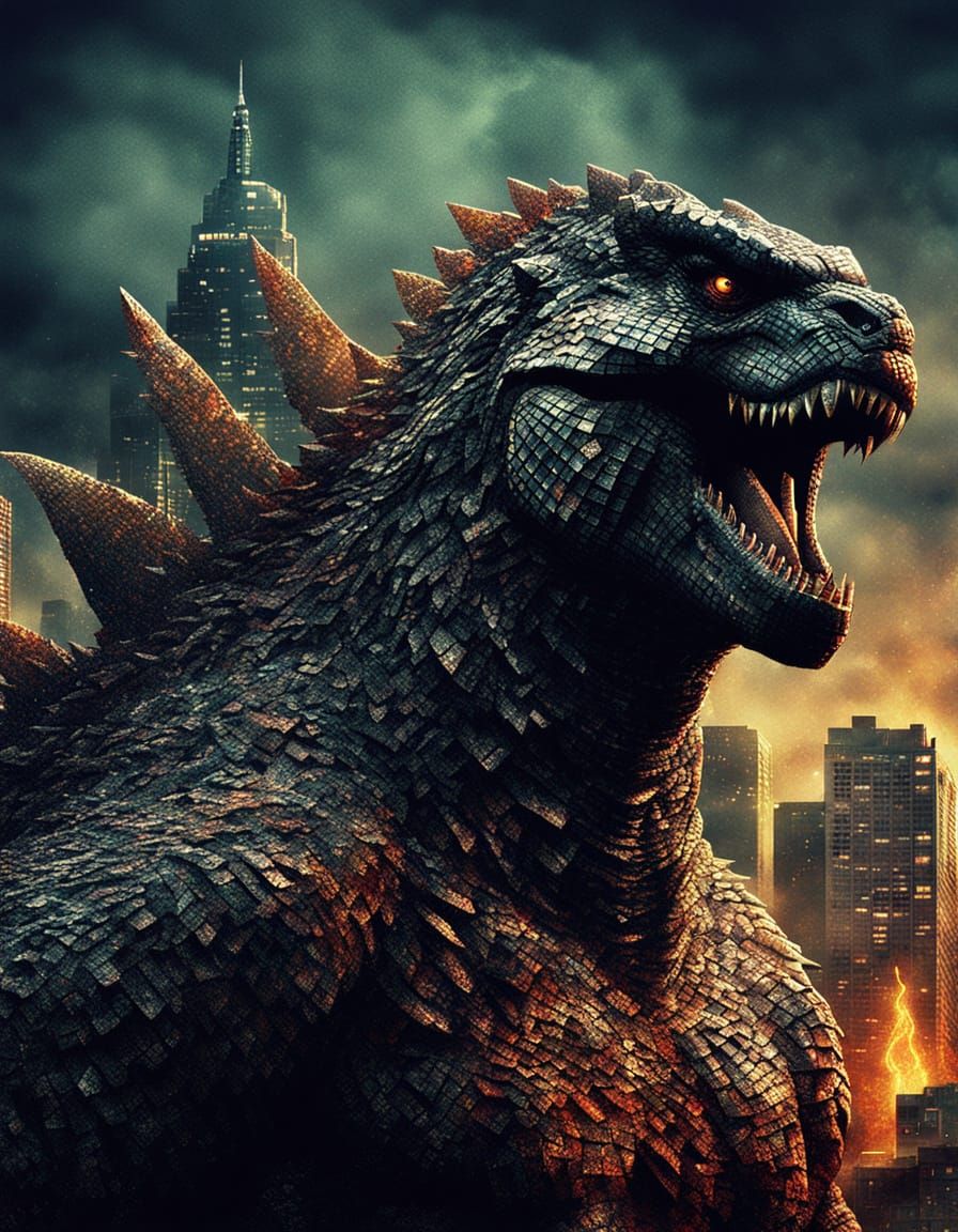 Godzilla in Mosaic Glass Window Pointillism Portra... - AI Art