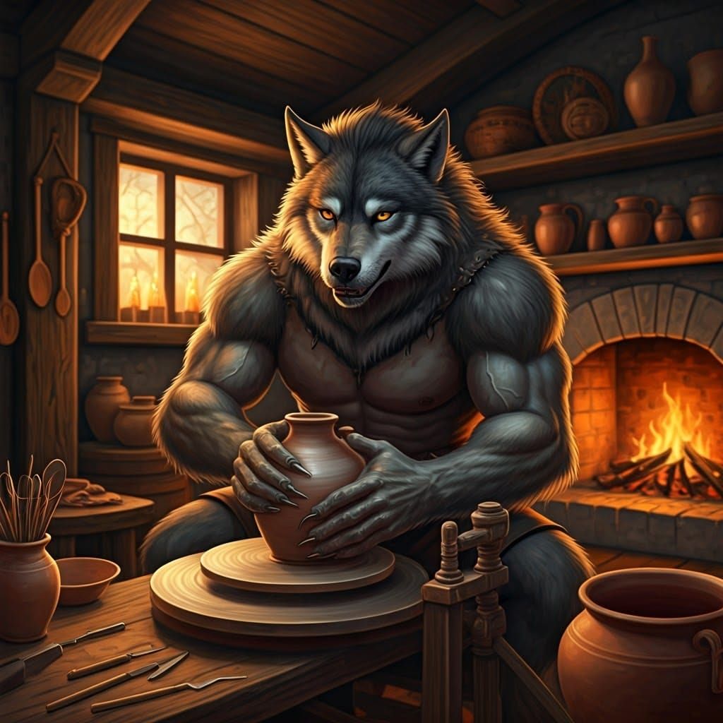 Pottery - Werewolf Potter in Dimly Lit Workshop