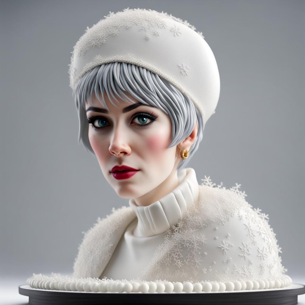 A white frosted cake that looks like the singer Enya, 4k resolution, a ...