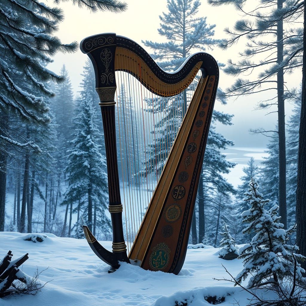 Surreally Detailed Ancient Irish Harp in Winter Pi... - AI Art