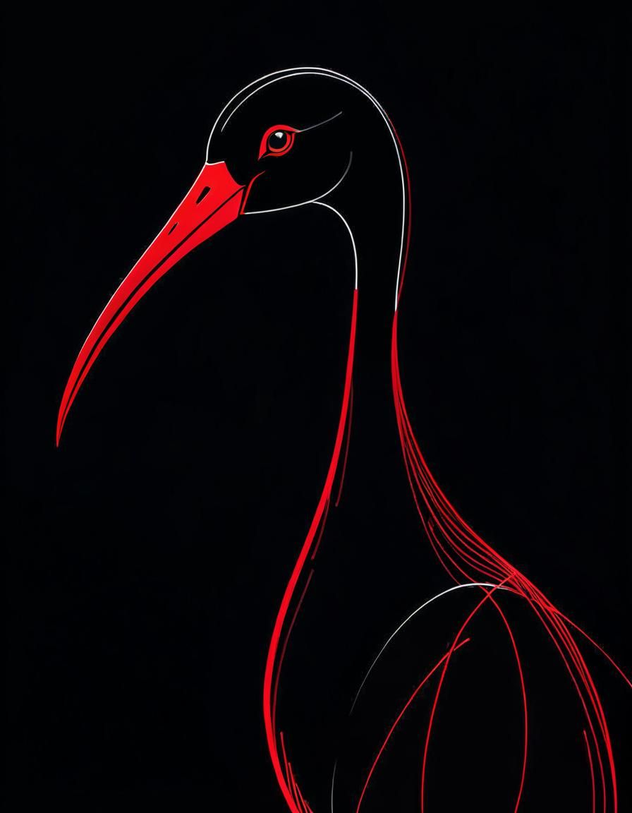 minimal red line art of an abstract ibis on black paper - AI Generated ...