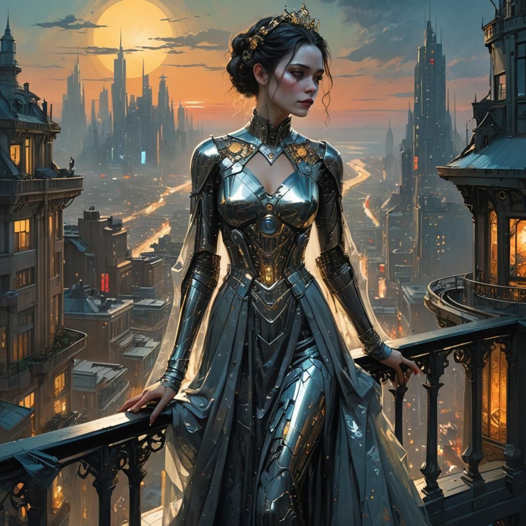 beautiful cyborg queen on a balcony over her futuristic city as the sun ...