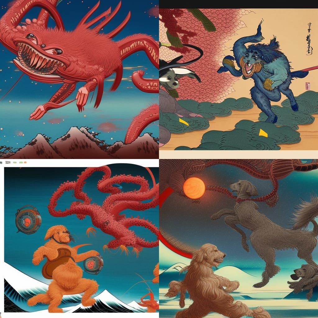 Ukiyo-e painting of a labradoodle fighting aliens - AI Generated ...