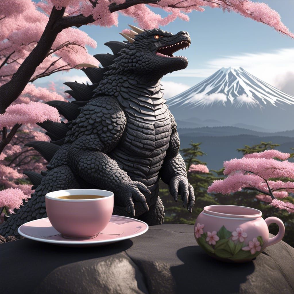 Godzilla on Mt. Fuji with Sakura and Tea 2 - AI Generated Artwork ...