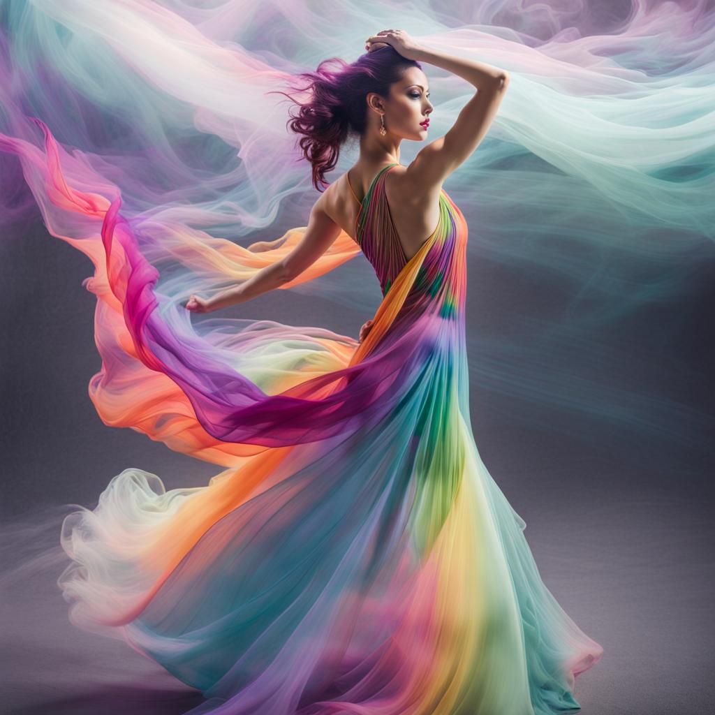 Artistic portrayal of a woman dancing, surrounded by a swirl of vivid ...