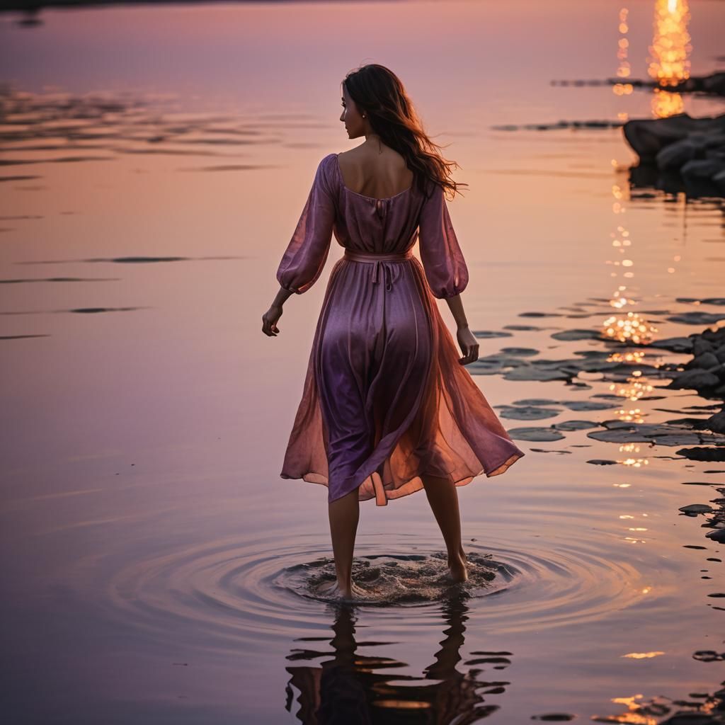 An beautiful girl walk gracefully over water at sunset, tranquil and ...