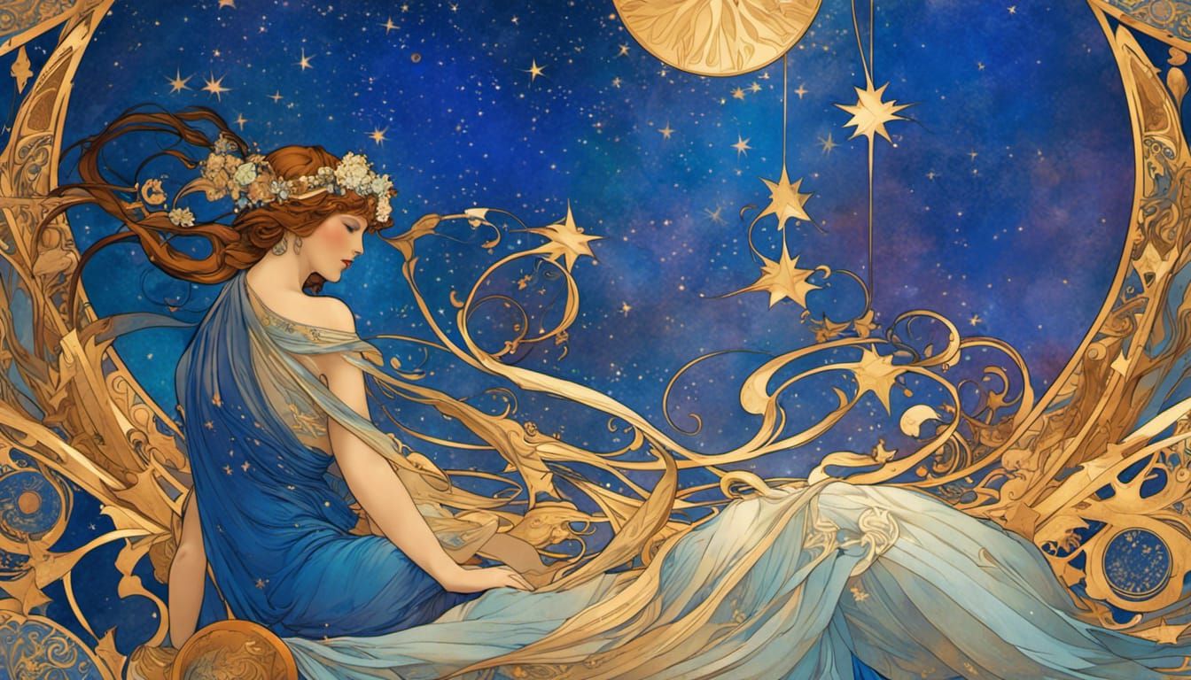 16k resolution, art by Alphonse Mucha, Art Nouveau style, a celestial ...