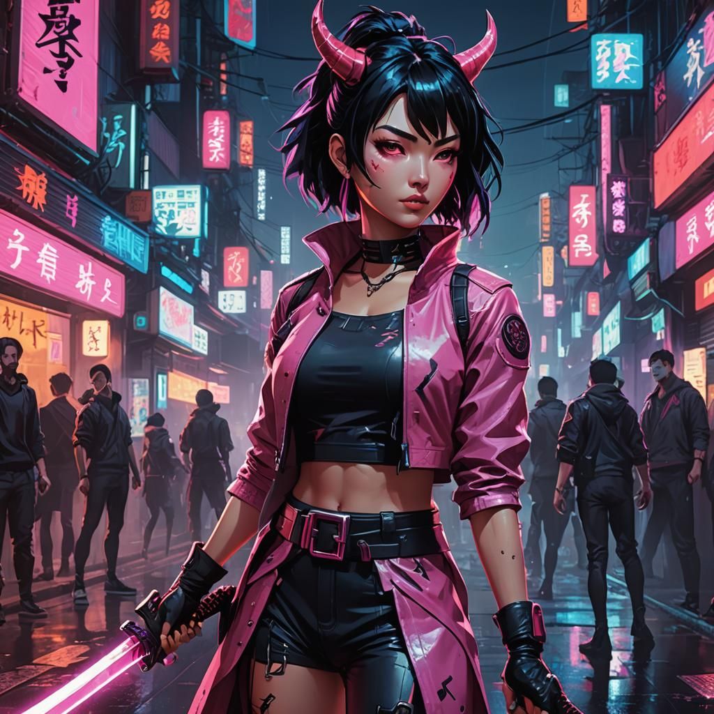 Cyberpunk Swordsman - Cyberpunk Demon Slayer in Neon-Lit Tok...