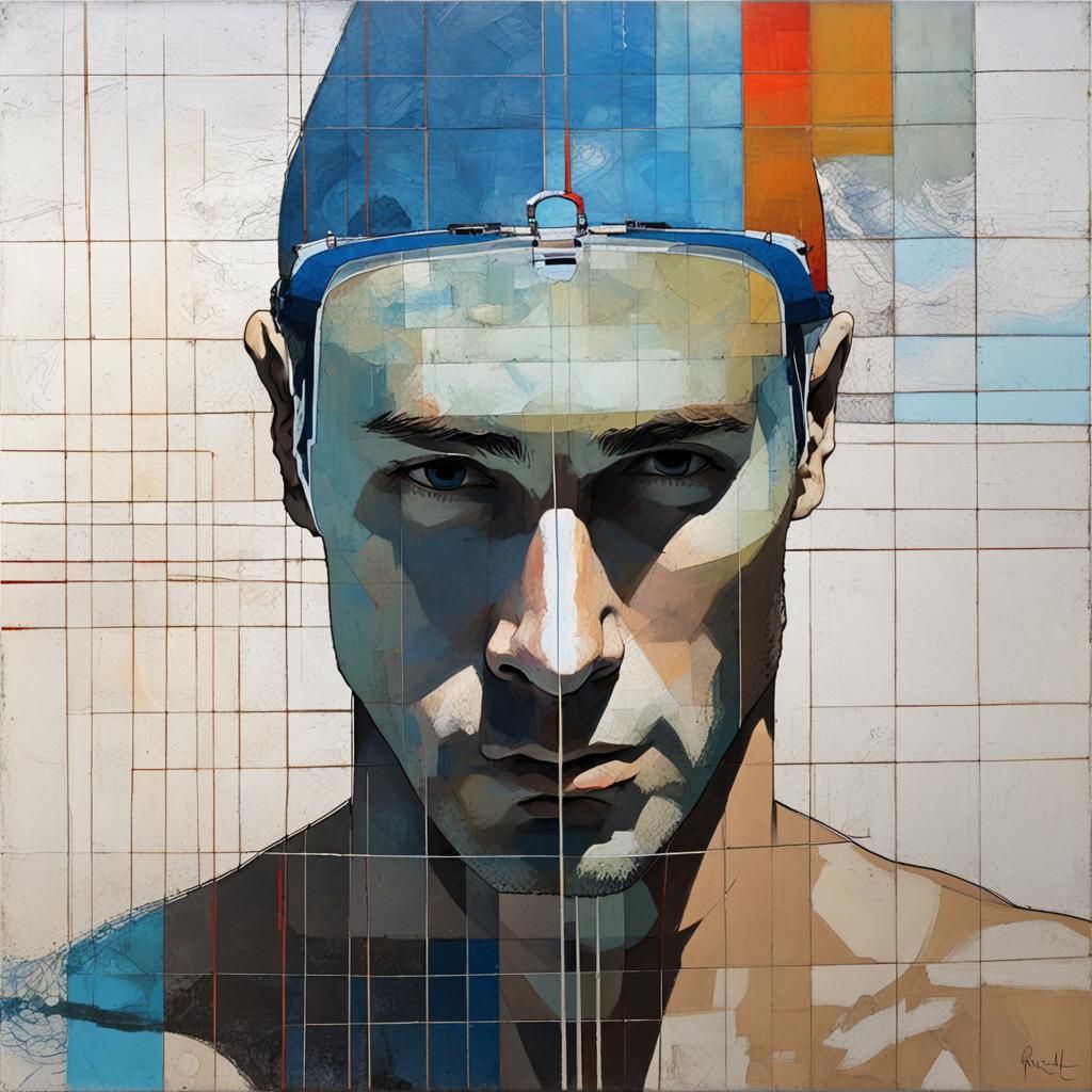 portrait, sporty MALE FREEDIVING ATHLETE sound levels, abstract ...