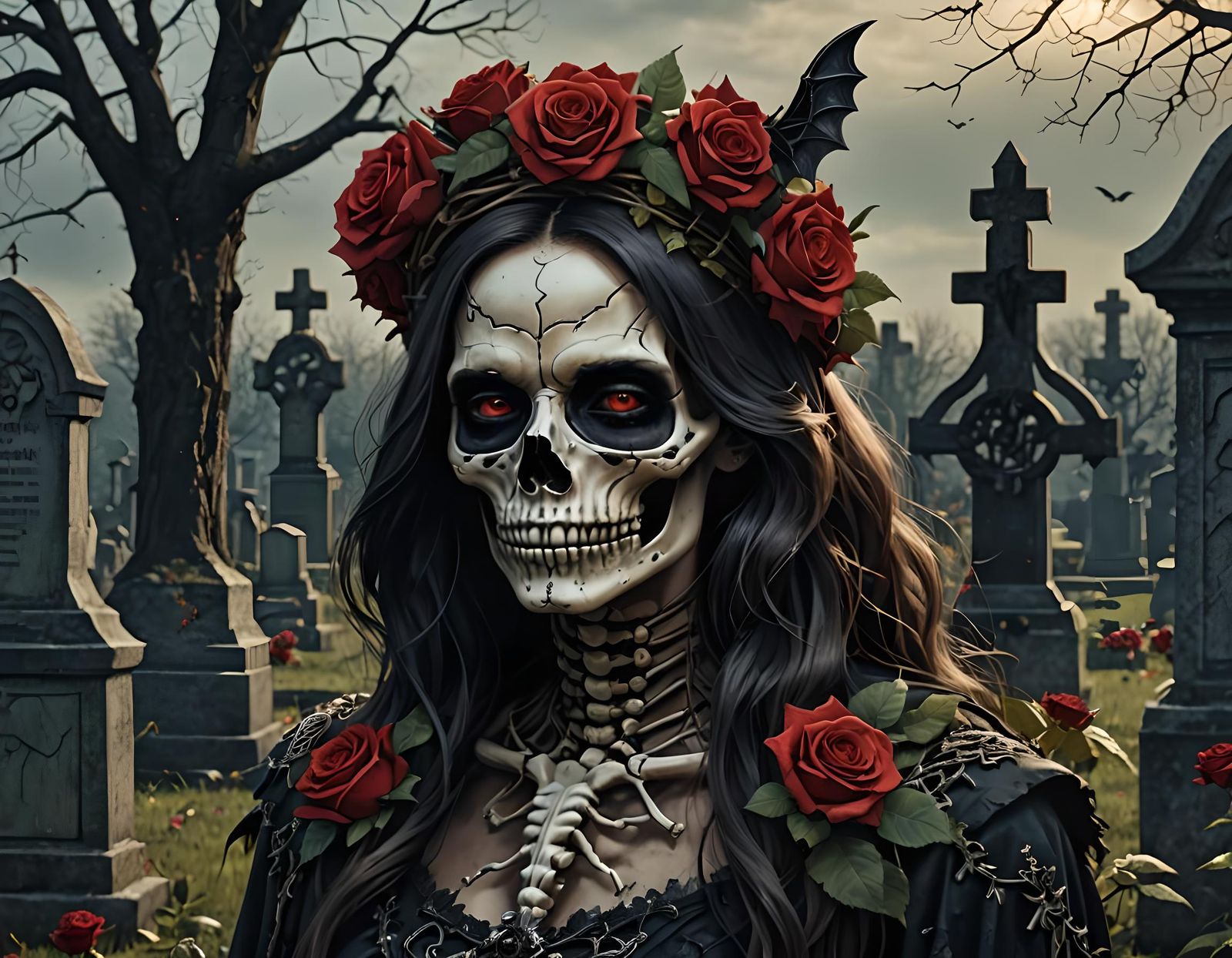 Portrait of evil woman with wreath of roses and bat skeleton in ...
