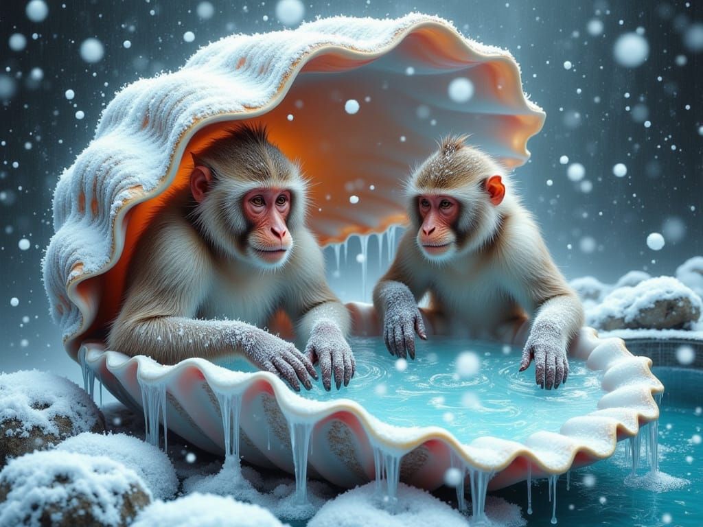 Japanese Snow Monkeys (Macaques) in a shell spa!