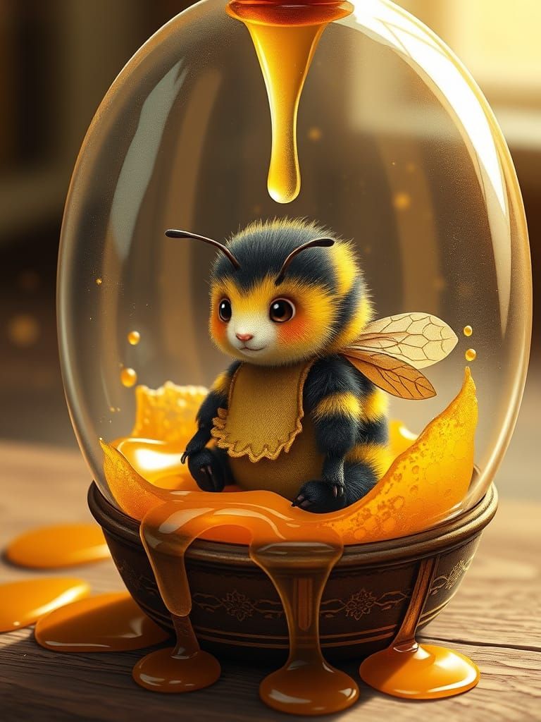 A cute miniature baby bee sitting in a glass hive overflowing with ...