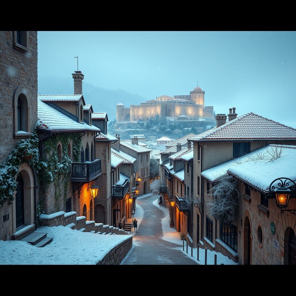 Old town in the snow - Snowy Medieval Townscape in Mystical...