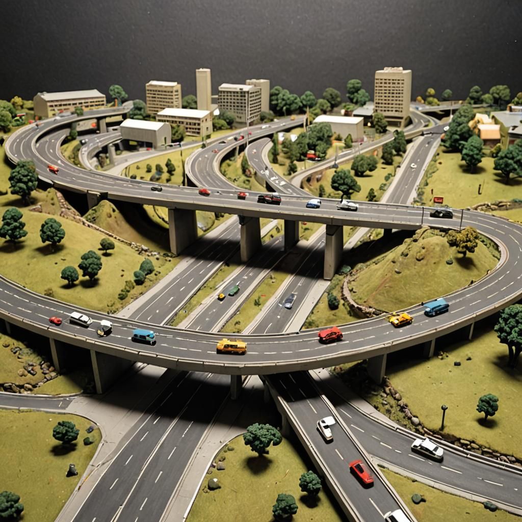 A miniature diorama scale model of a freeway project and bridge, - AI ...