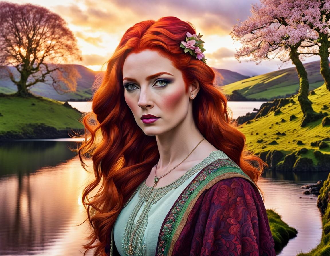 Digital art photo of beautiful Irish woman in a spring sunset in the ...