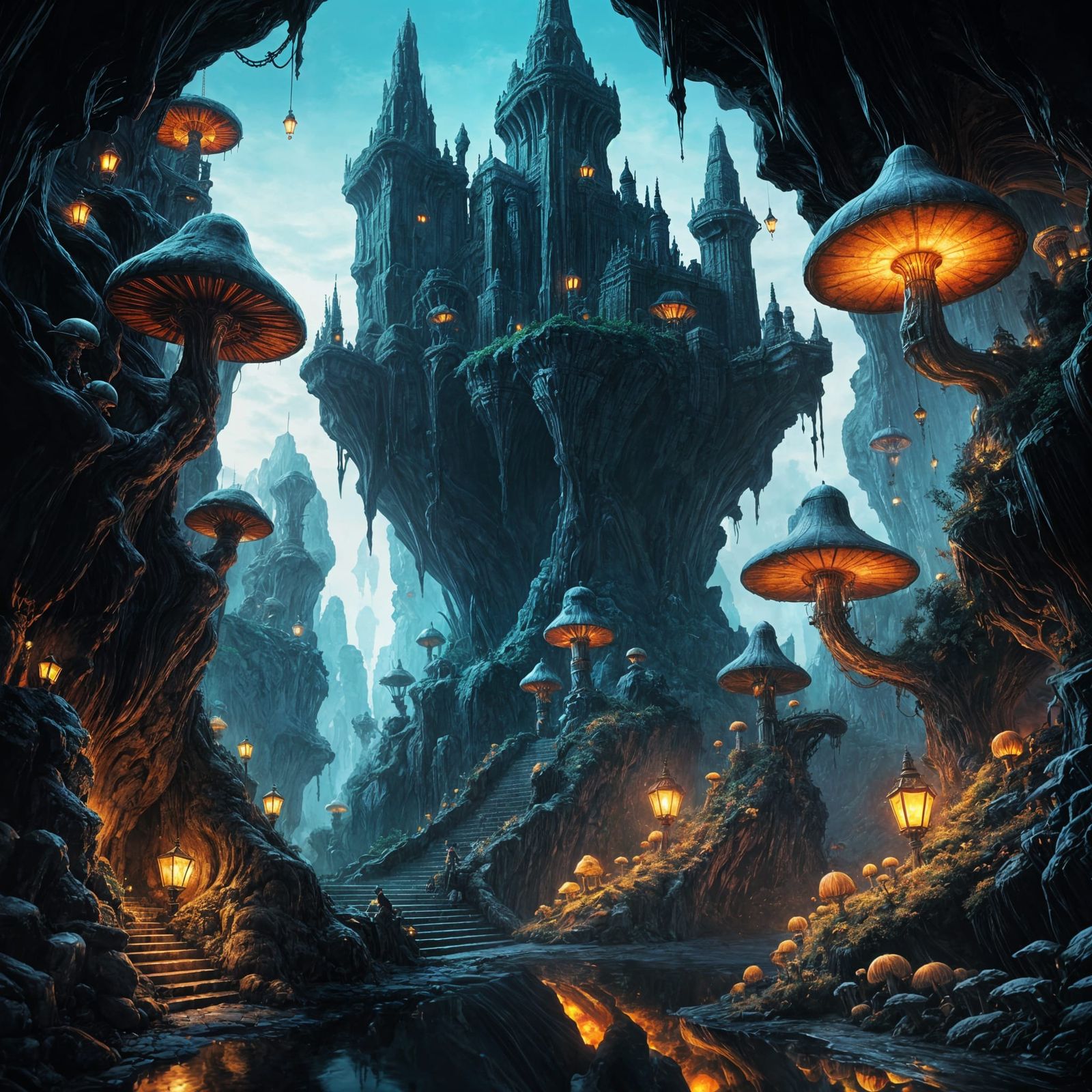 Mushroom palace - Fantasy Cave Cityscape in Vibrant Oil Goua...