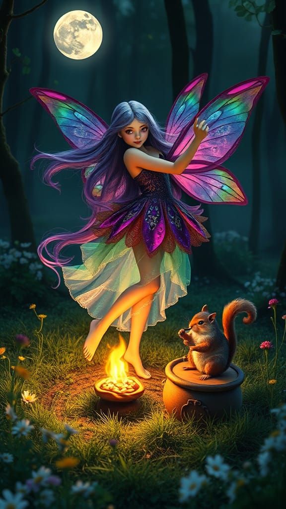 In a mystical forest, a barefoot pixie fairy dances in a clearing. 🧚🏻‍♀️🐿