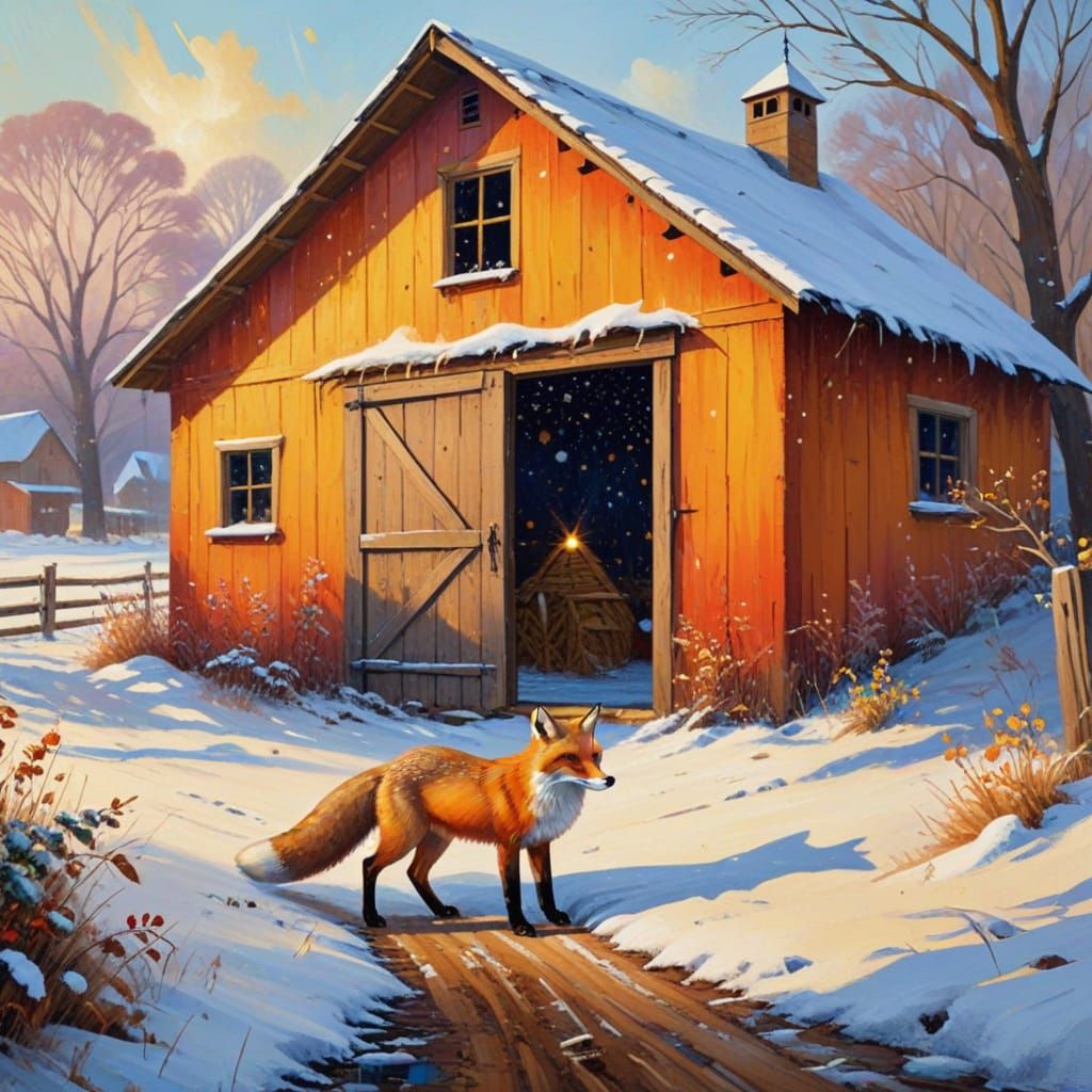a fox in a snowy barnyard - a fox in a snowy barnyard