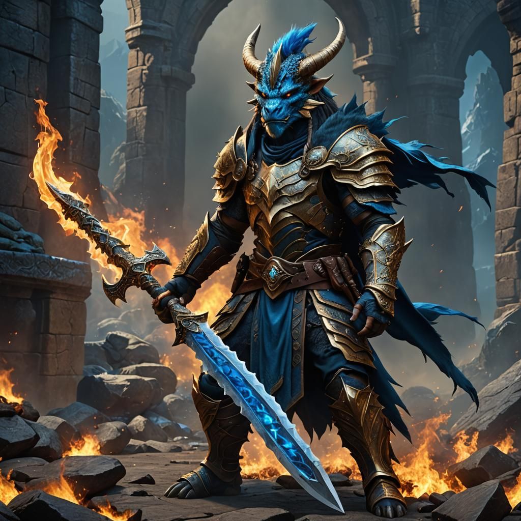 Firebreathing Dragonborn race. Barbarian class type. Holds a long, blue ...