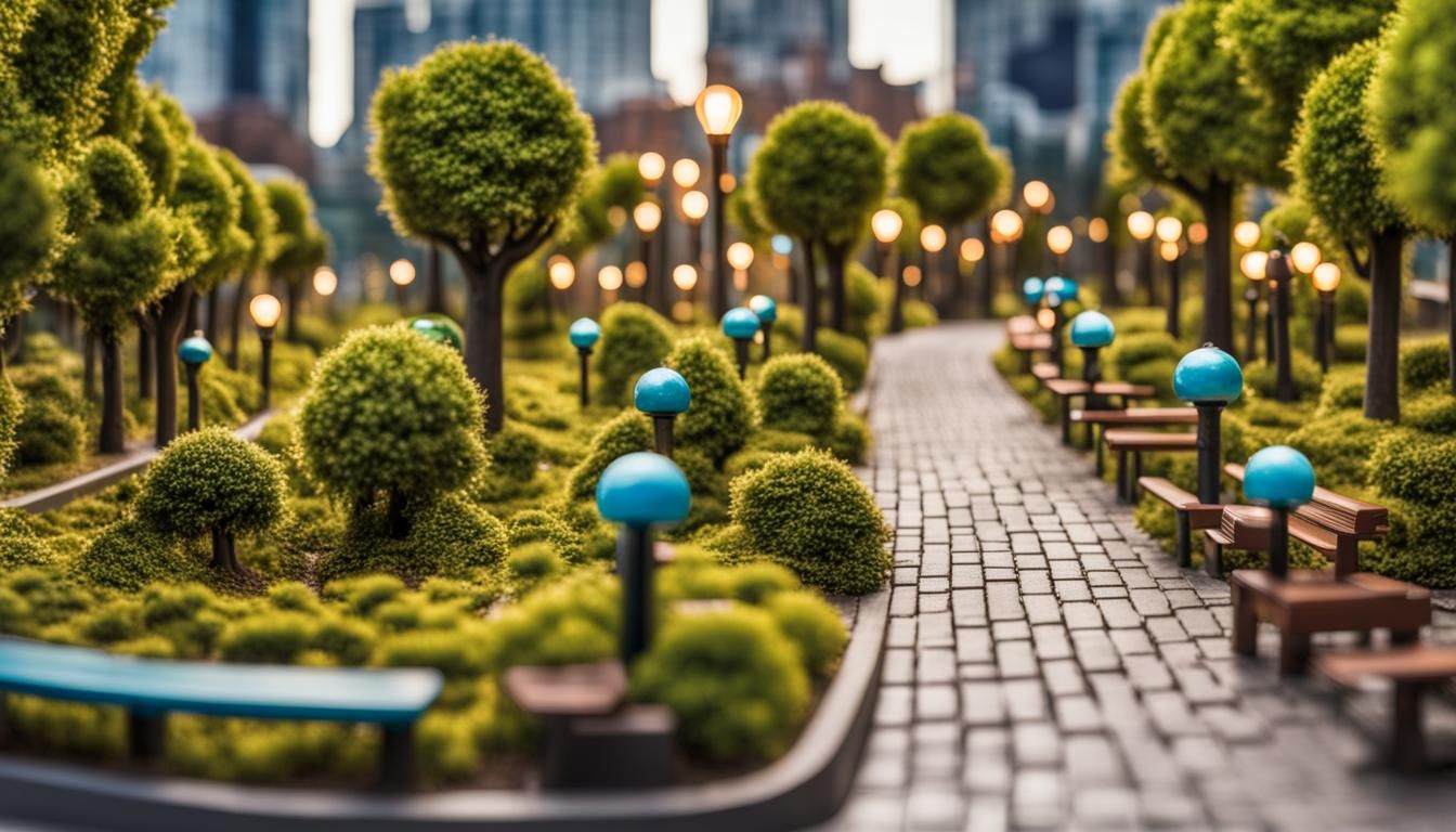 in modern toy city park, macro of a path, toy bushes intricated with ...