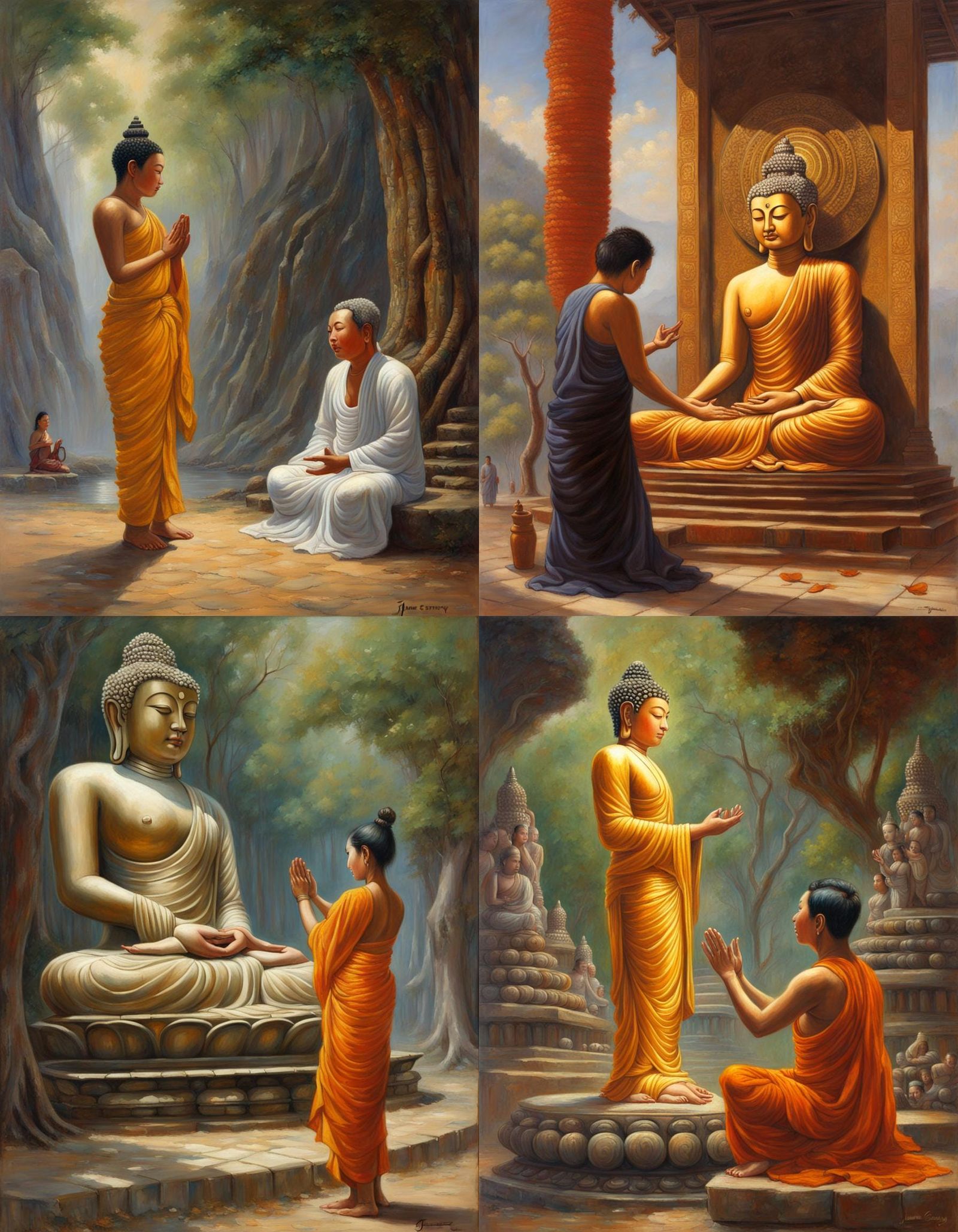 Lord Buddha standing up, blessing a woman crouched at his feet oil ...