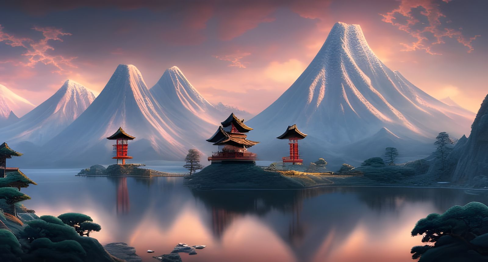 Japanese Mountain Landscape at Sunset - AI Generated Artwork ...