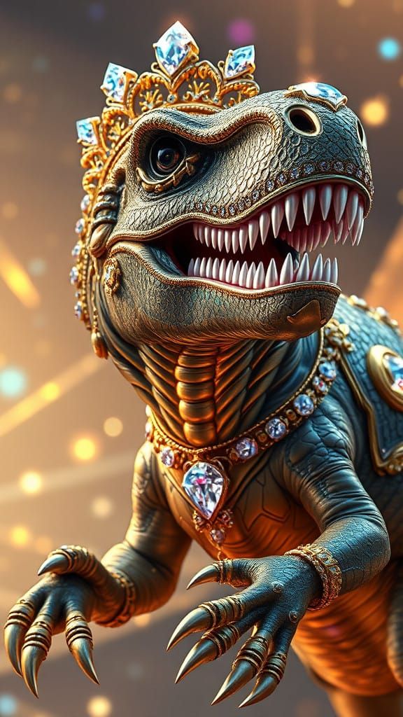 Magical king T-Rex dinosaur wearing expensive jewelry that is ...