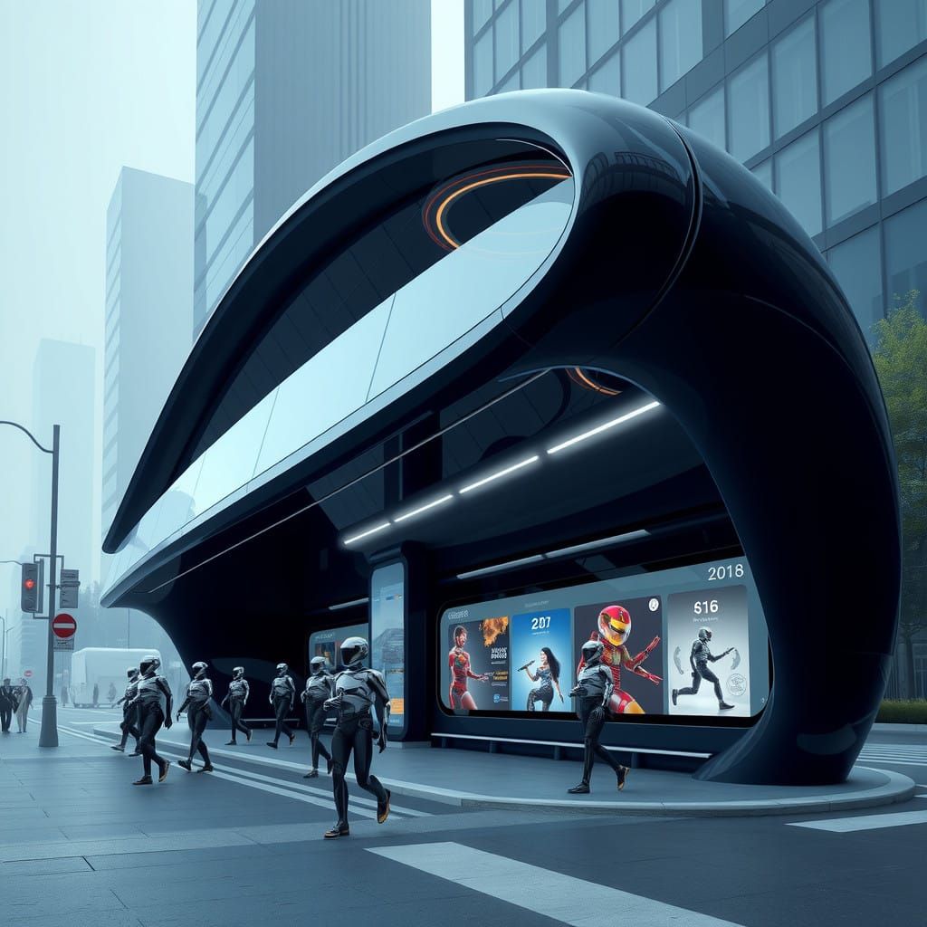 Futuristic City Bus Stop with Androids in Cyberpun... - AI Art